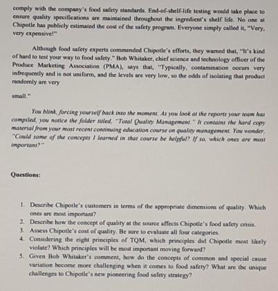 Solved Chipotle Quality Problem Scenario: You are in your | Chegg.com