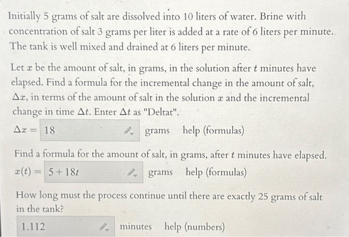 Solved Initially 5 grams of salt are dissolved into 10 | Chegg.com