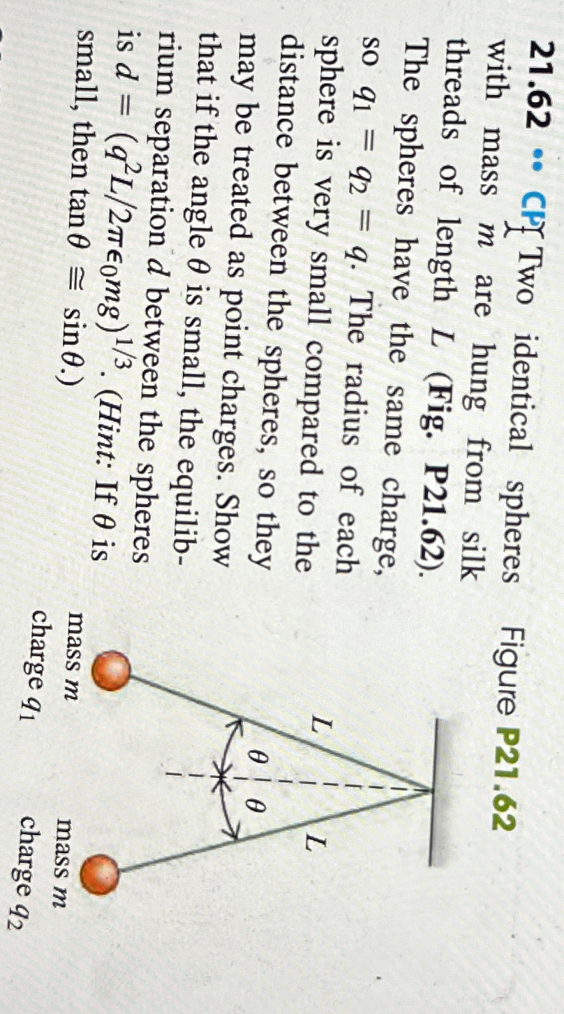 Solved 21.62 ﻿CP Two identical spheres with mass m ﻿are hung | Chegg.com