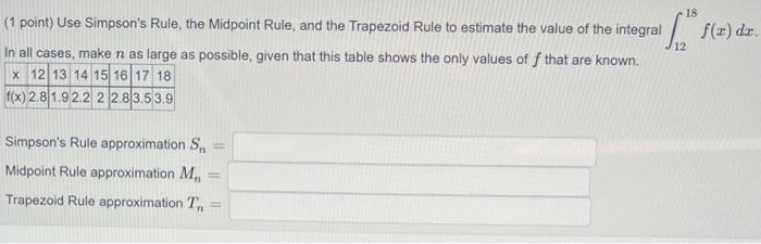 Solved (1 point) Use Simpson's Rule, the Midpoint Rule, and | Chegg.com