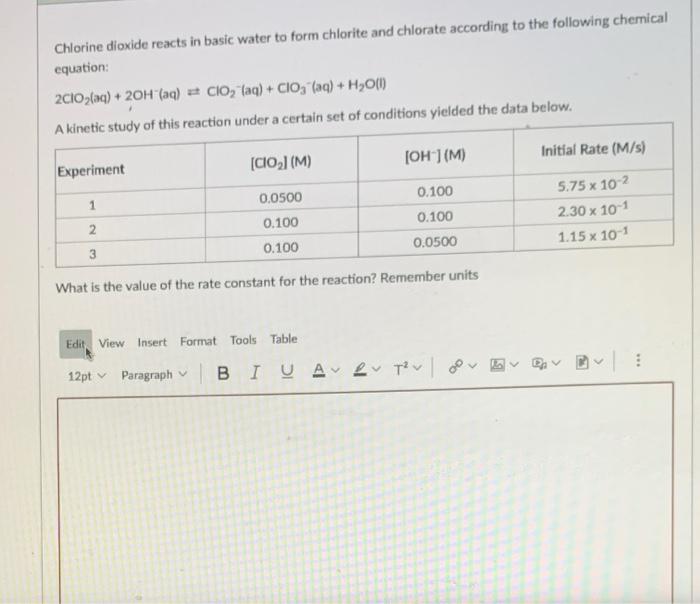 Solved Chlorine dioxide reacts in basic water to form | Chegg.com