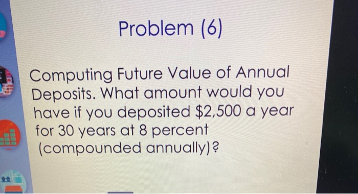 Solved Problem (6) Computing Future Value of Annual | Chegg.com
