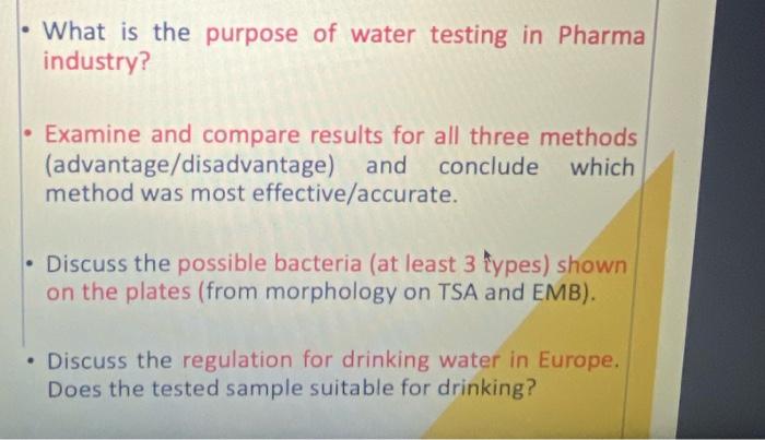 Solved water testing experiment in pharma industry | Chegg.com