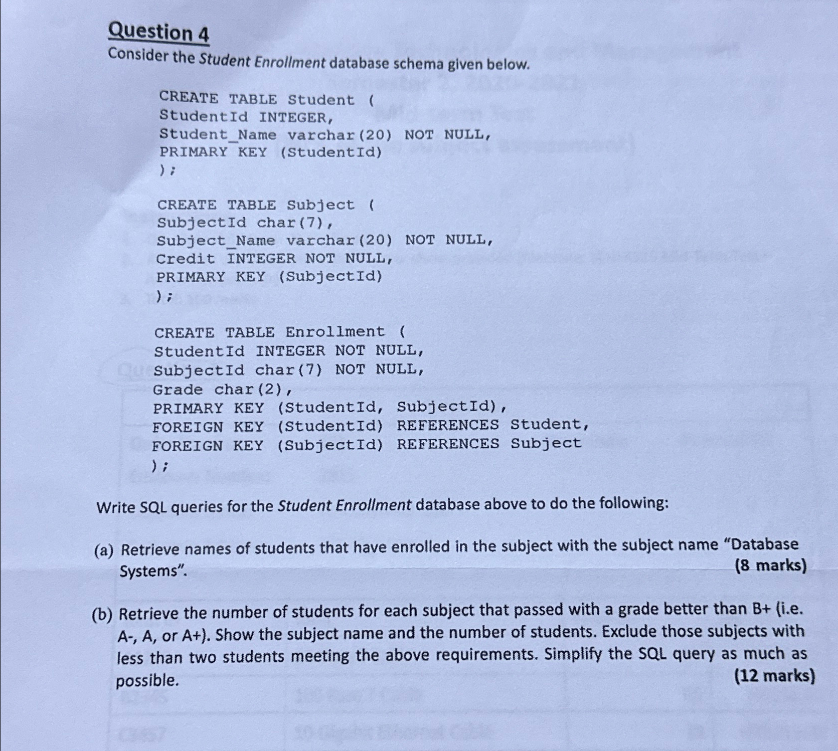 Solved Question 4Consider the Student Enrollment database | Chegg.com