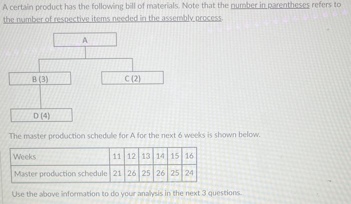 Solved A certain product has the following bill of | Chegg.com