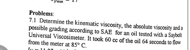 Solved Problems: 7.1 Determine the kinematic viscosity, the | Chegg.com