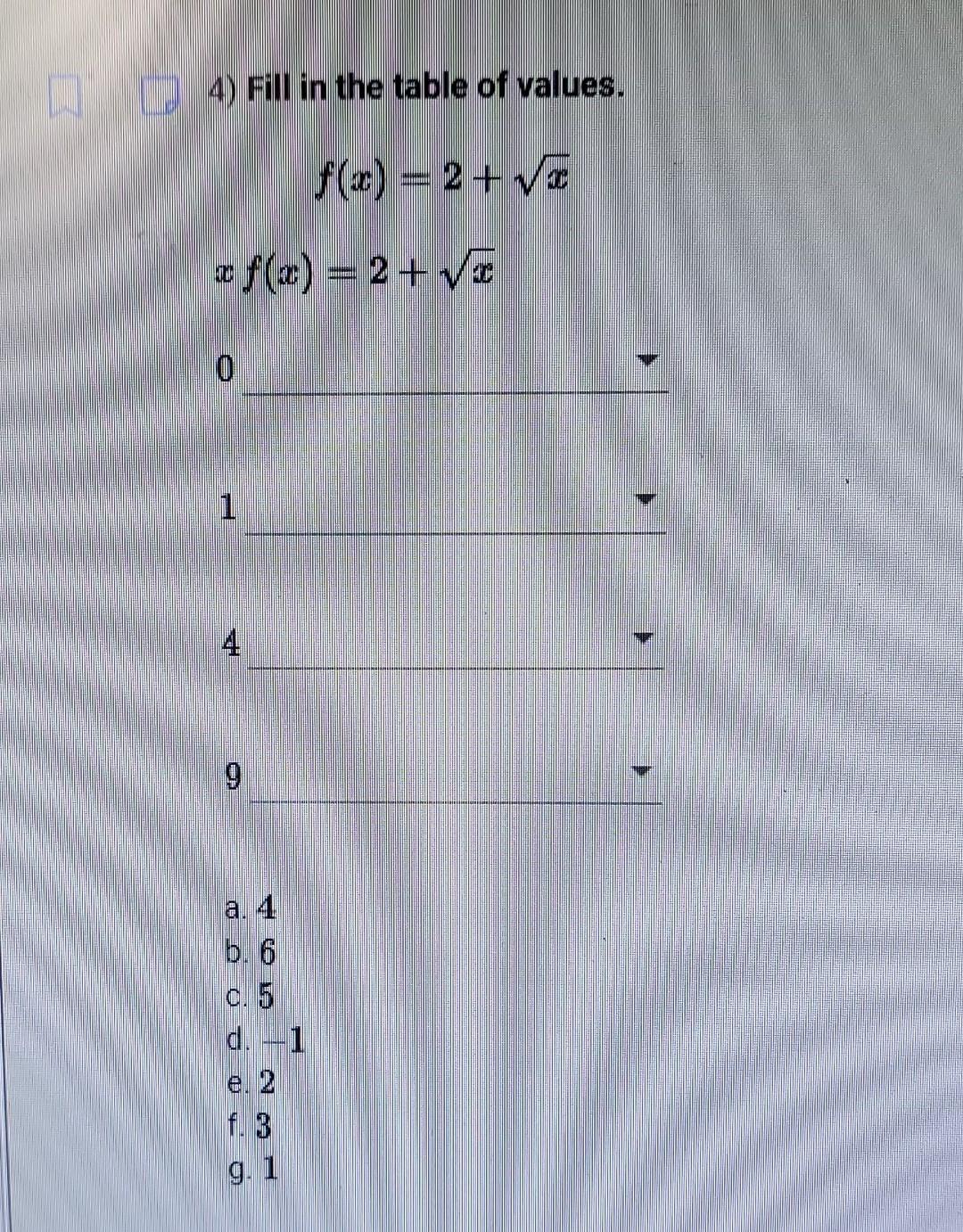 Solved 4) Fill in the table of values. f(x)=2+x xf(x)=2+x | Chegg.com