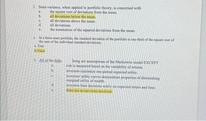 Solved 3 Semi Variance When Applied To Portfolio Theory