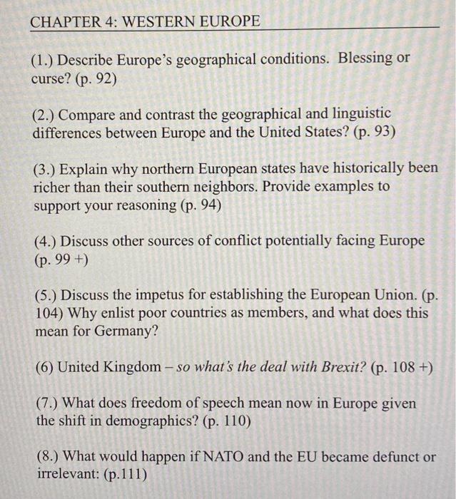 CHAPTER 4: WESTERN EUROPE (1.) Describe Europe's | Chegg.com