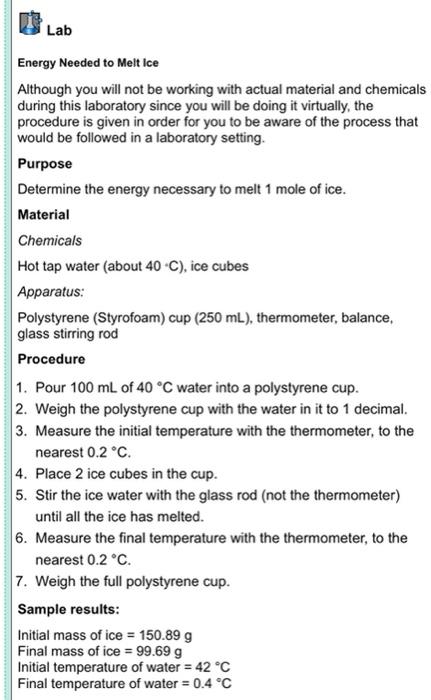 Solved Lab Energy Needed to Melt ice Although you will not | Chegg.com