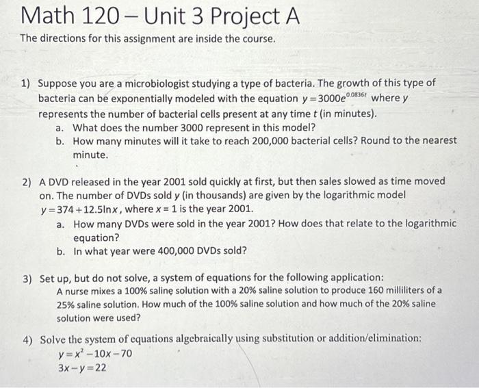 Solved Math 120 - Unit 3 Project A The directions for this | Chegg.com
