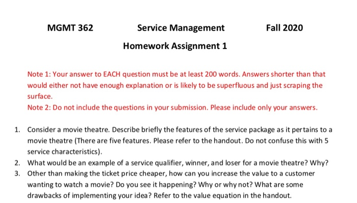 Solved MGMT 362 Fall 2020 Service Management Homework | Chegg.com