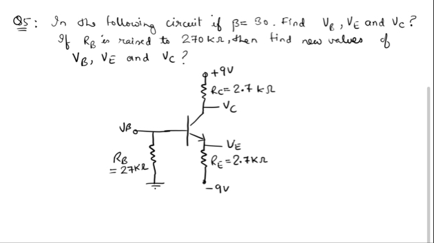 Solved Q5: In the following circuit if β=30. ﻿Find VB,VE | Chegg.com