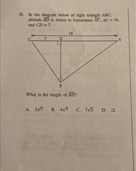 Solved 18. In the diagram below of right triangle ABC, | Chegg.com