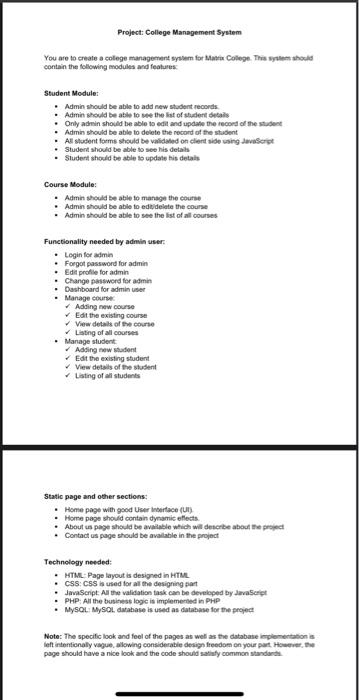 Project: College Management System You are to create | Chegg.com