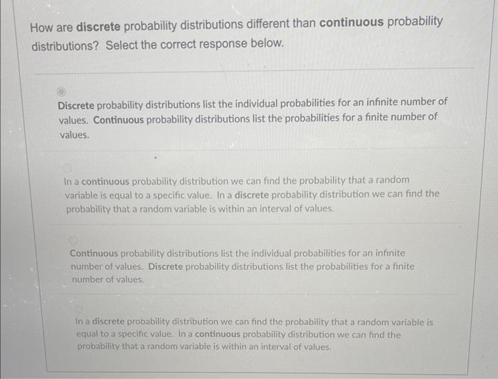 Solved How are discrete probability distributions different | Chegg.com
