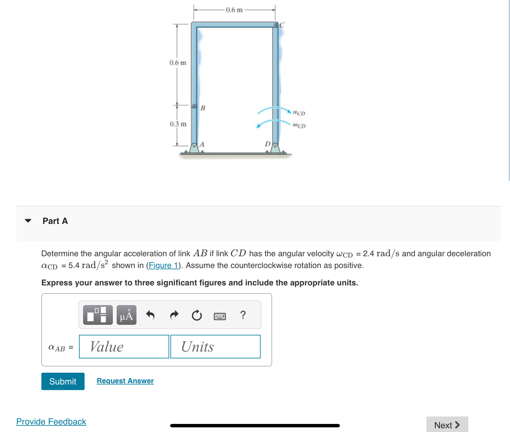 Solved Part A Determine the angular acceleration of link AB | Chegg.com