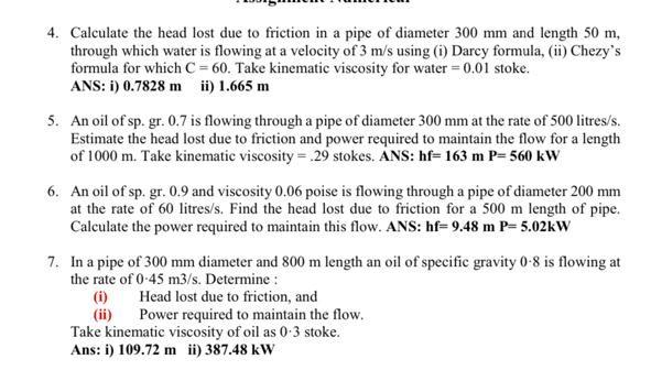 Solved 4. Calculate the head lost due to friction in a pipe | Chegg.com