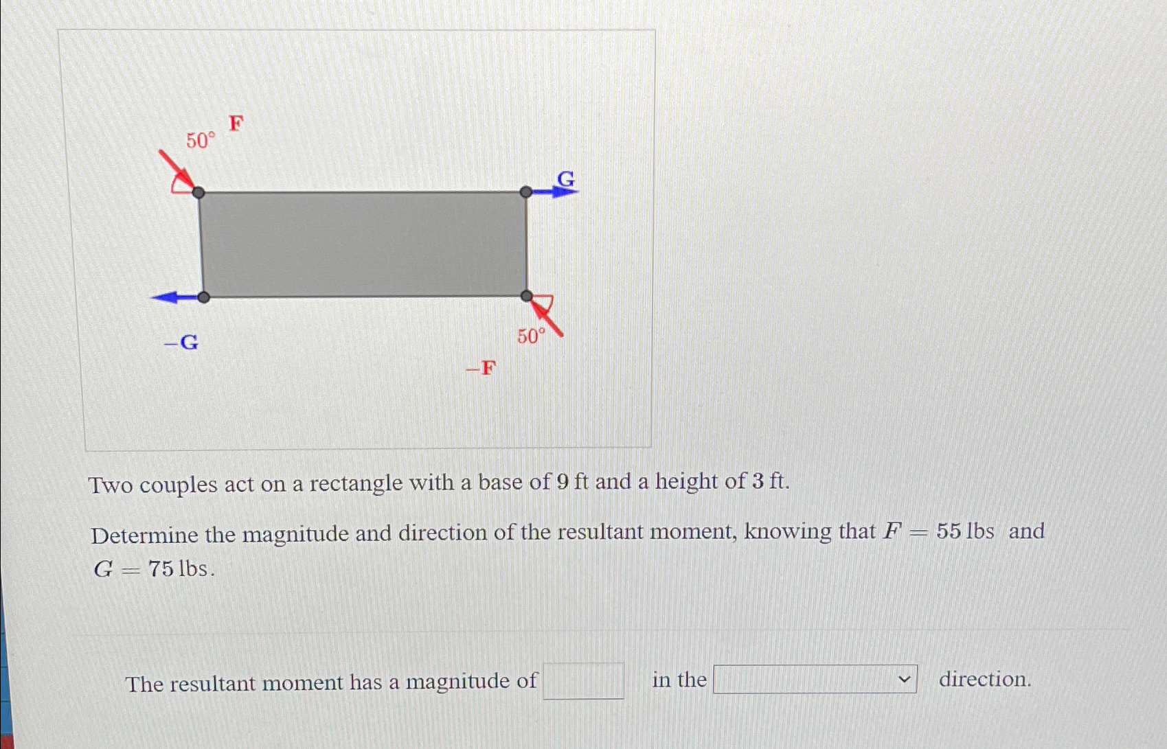Solved Two couples act on a rectangle with a base of 9ft | Chegg.com