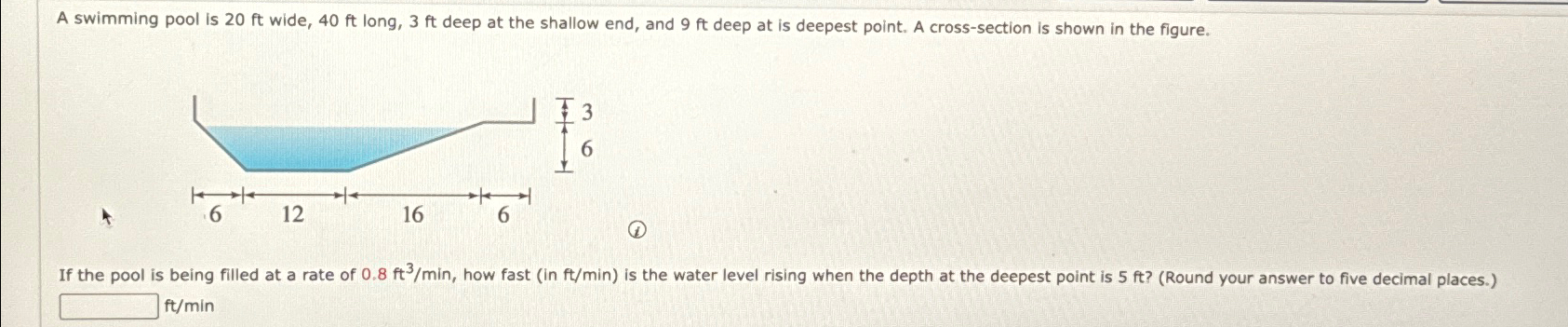 A swimming pool is 20ft ﻿wide, 40ft ﻿long, 3ft ﻿deep | Chegg.com