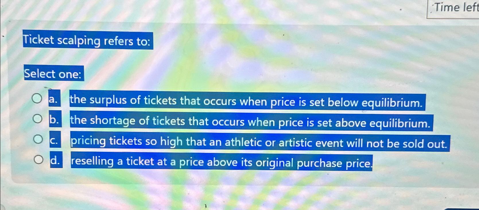 Solved Ticket scalping refers to:Select one:a. ﻿the surplus | Chegg.com