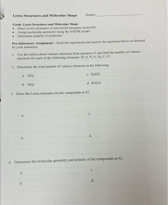 Solved Lewis Structures and Molecular Shape Name: Goals: | Chegg.com