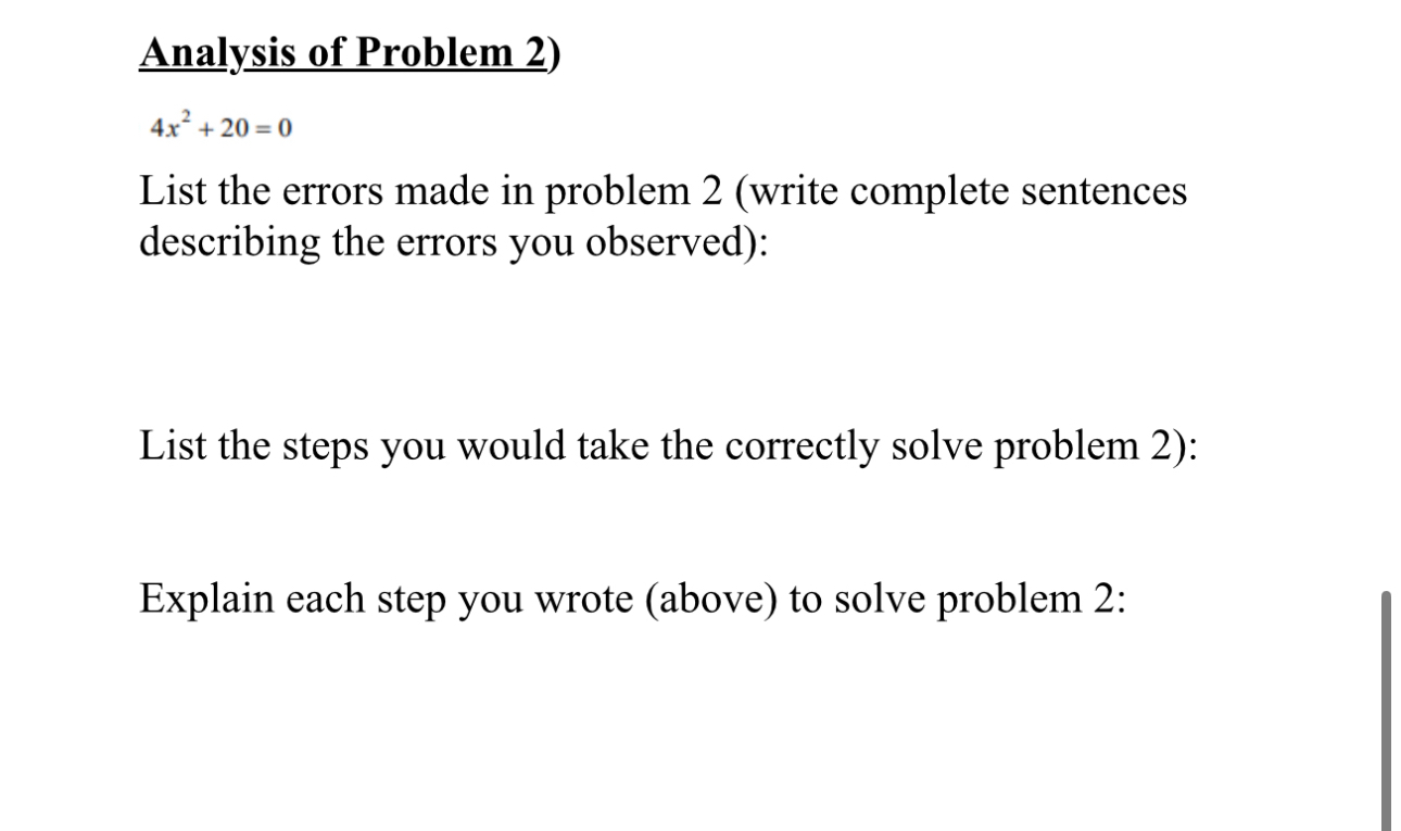 Solved Analysis of Problem 2)4x2+20=0List the errors made in | Chegg.com