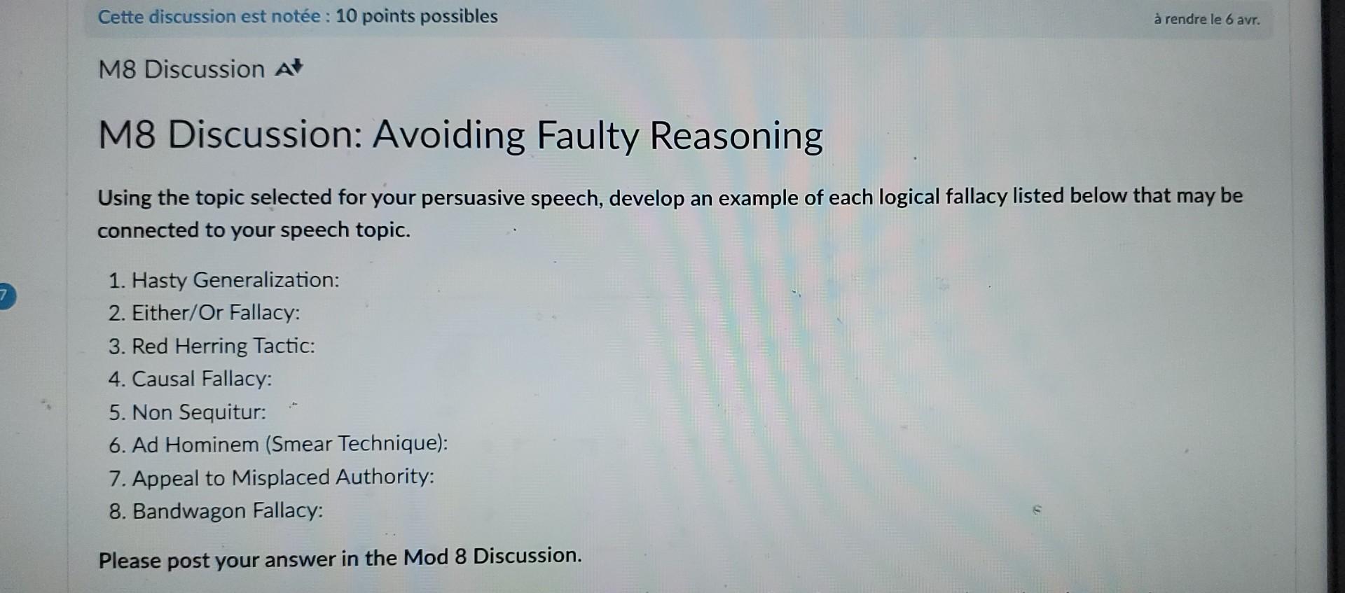 M8 Discussion: Avoiding Faulty Reasoning Using the | Chegg.com
