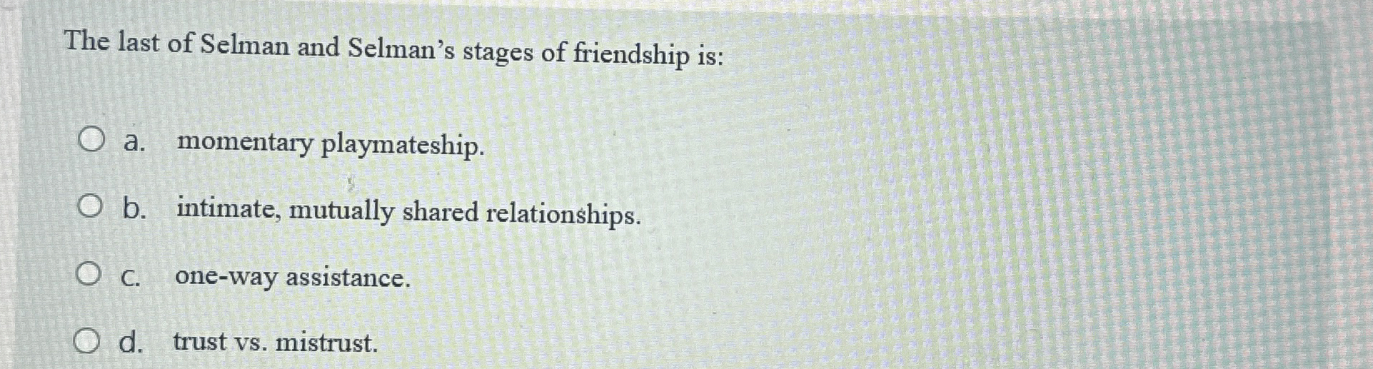 Solved The Last Of Selman And Selman S Stages Of Friendship Chegg