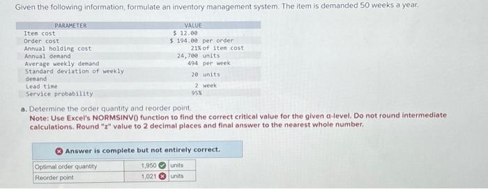 Solved a. Determine the order quantity and reorder point. | Chegg.com