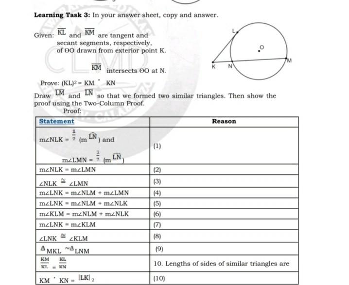 Solved Learning Task 3: In your answer sheet, copy and | Chegg.com Solved Learning Task 3: In your answer sheet, copy and | Chegg.com