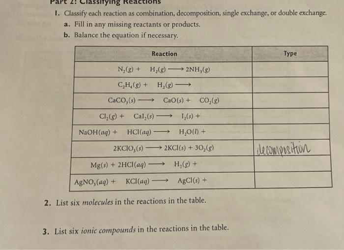 Solved I. Classify each reaction as combination, | Chegg.com