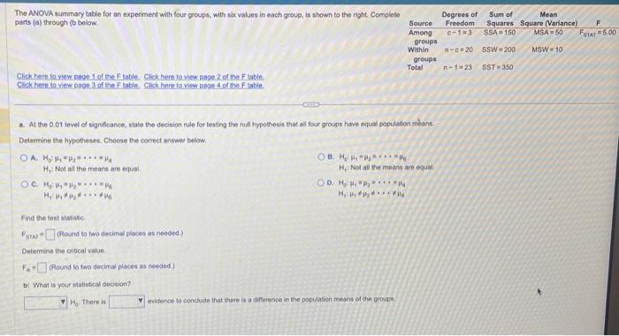Solved The ANOVA summary table for an experiment with four | Chegg.com
