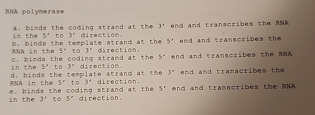 Solved RNA polymerasea. ﻿binds the coding strand at the 3' | Chegg.com