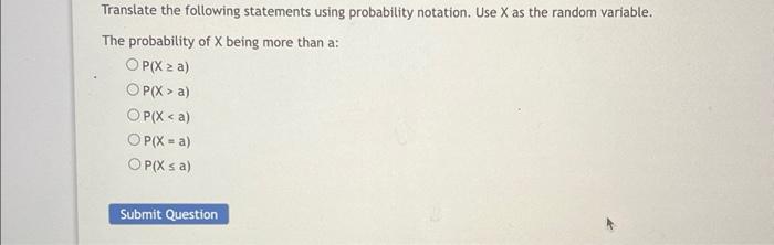 Solved Translate the following statements using probability | Chegg.com
