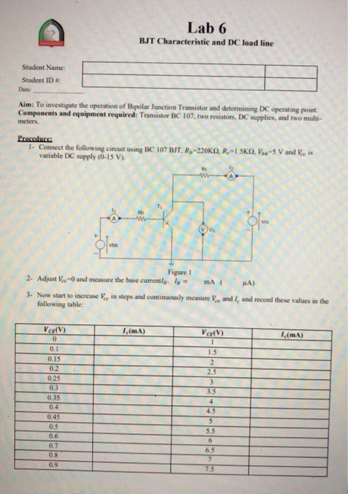 Solved Lab 6 BJT Characteristic and DC load line Student | Chegg.com