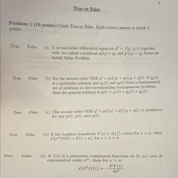 Solved Problem 1 ( 10 points) Circle True or False. Each | Chegg.com