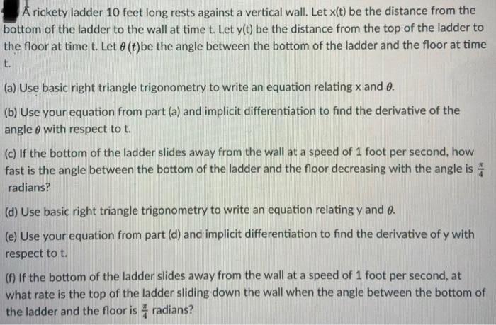 Solved A rickety ladder 10 feet long rests against a | Chegg.com