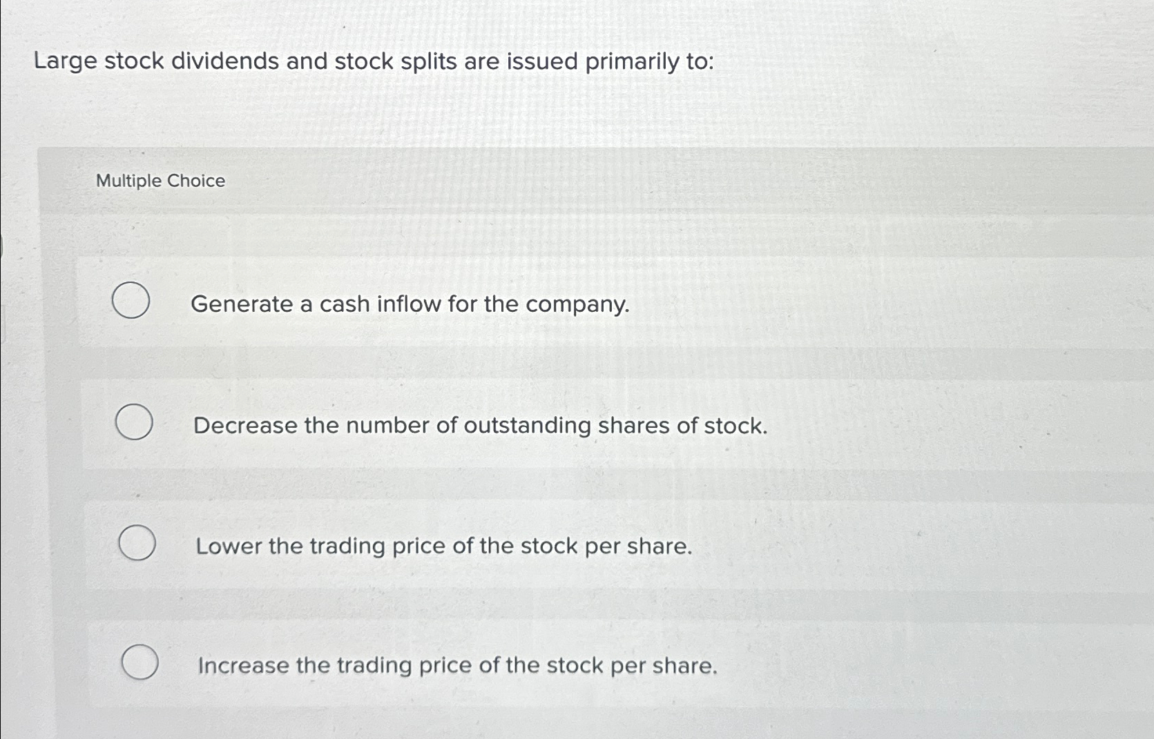 Solved Large stock dividends and stock splits are issued | Chegg.com