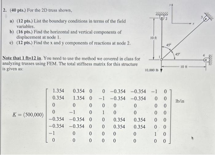 Solved 2. ( 40 pts.) For the 2D truss shown, a) (12 pts.) | Chegg.com