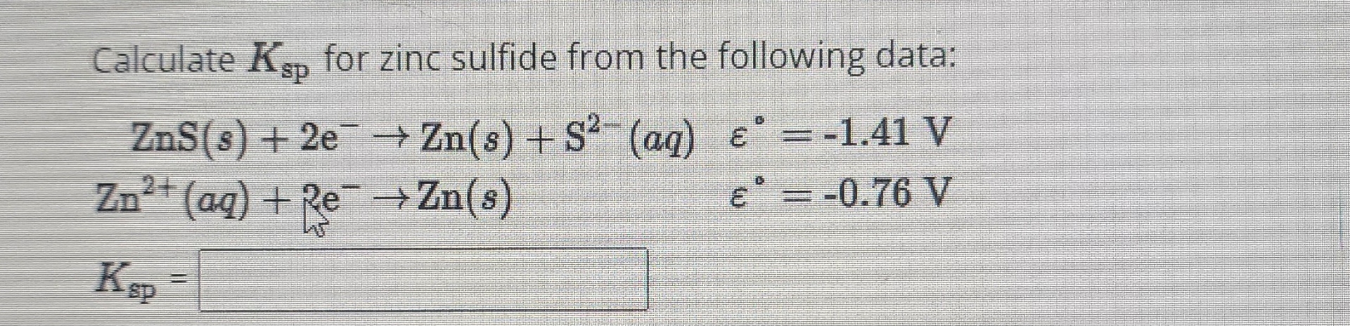 Solved Calculate Ksp ﻿for zinc sulfide from the following | Chegg.com