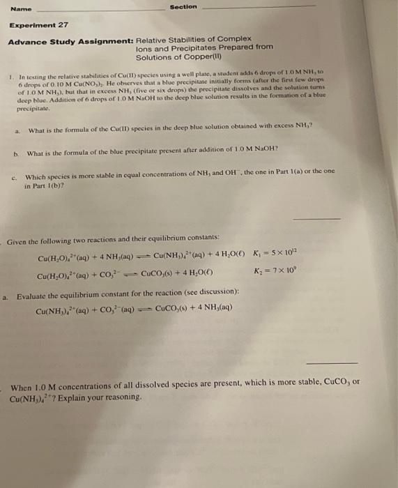Solved Name Experiment 27 Advance Study Assignment: Relative | Chegg.com