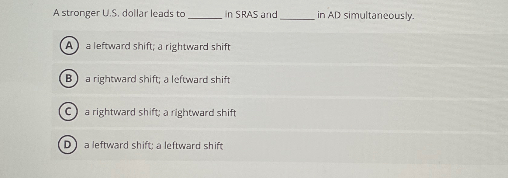 Solved A stronger U.S. ﻿dollar leads to ﻿in SRAS and ﻿in | Chegg.com