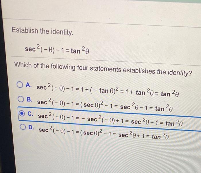 Solved Establish the identity. sec?(-0) - 1 = tan 20 Which | Chegg.com