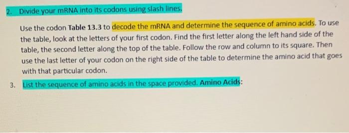 Solved 2. Divide your mRNA into its codons using slash | Chegg.com