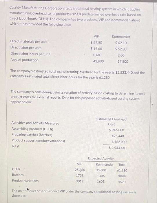 Solved Cassidy Manufacturing Corporation has a traditional | Chegg.com