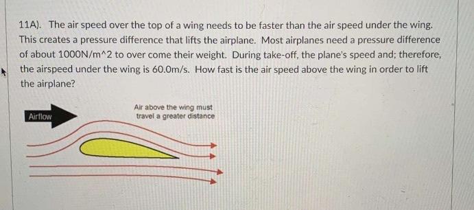 Solved 11A). The air speed over the top of a wing needs to | Chegg.com
