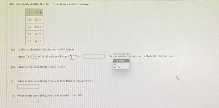 Solved The probability distribution for the random variable | Chegg.com