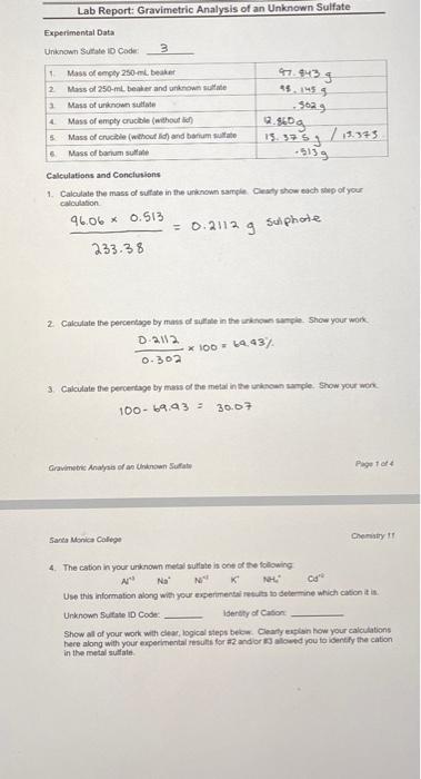 Solved Lab Report: Gravimetric Analysis of an Unknown | Chegg.com