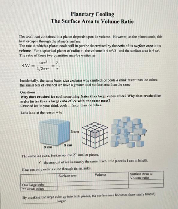 Solved Planetary Cooling The Surface Area to Volume Ratio | Chegg.com